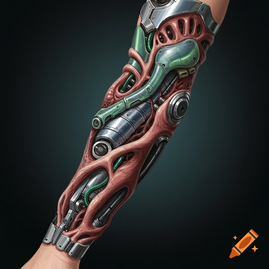 Detailed illustration of a biomechanical arm showing metal parts ...