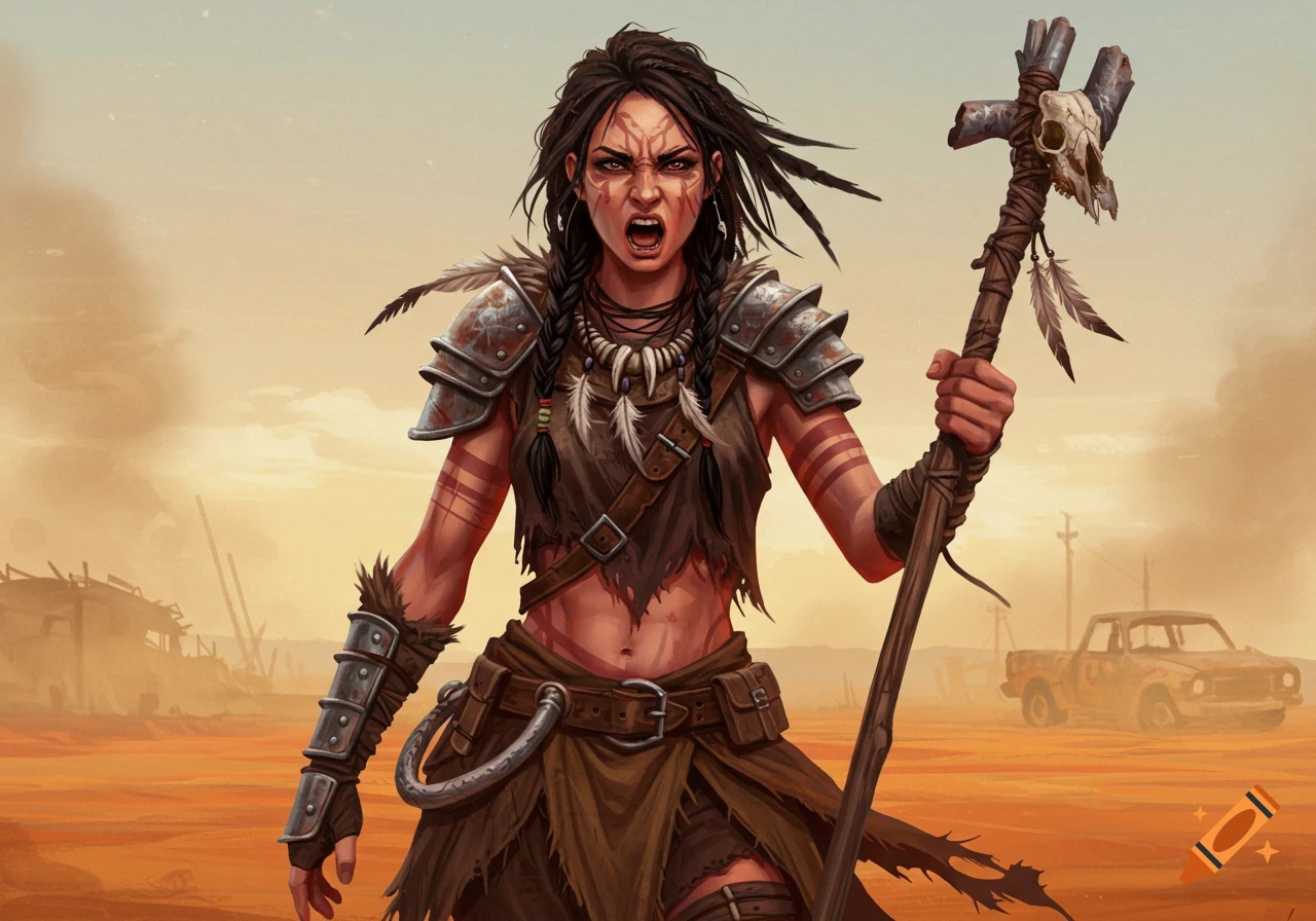 Illustration of a female post-apocalyptic warrior shaman in a desert holding a skull staff. on ...