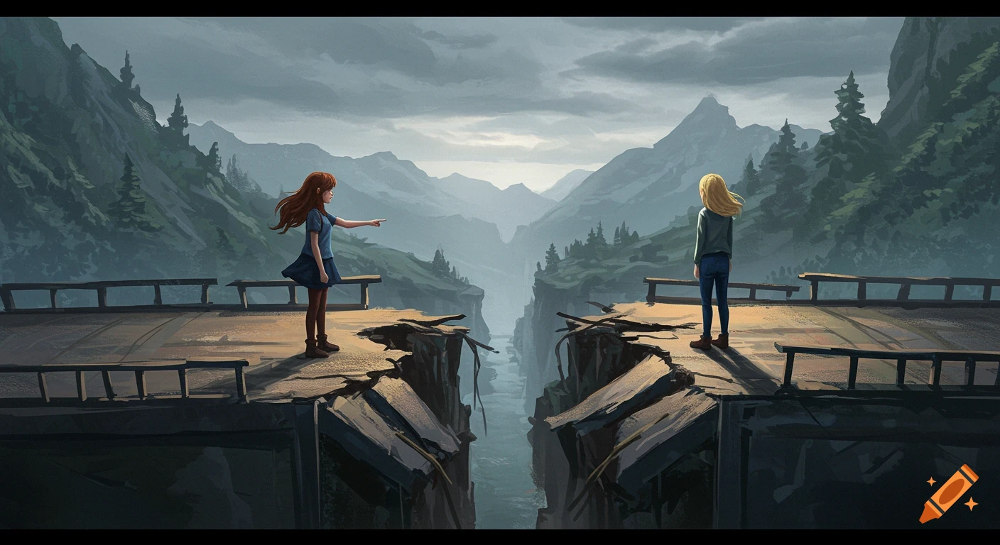 Two girls stand on opposite sides of a broken bridge in a dramatic ...