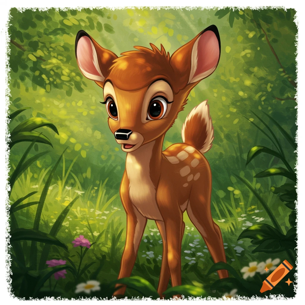 A cute cartoon fawn standing in a sun-dappled forest. on Craiyon