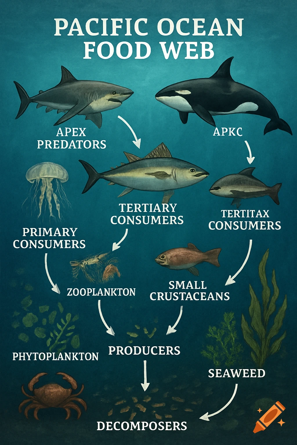 An illustration of a Pacific Ocean food web showing different organisms ...