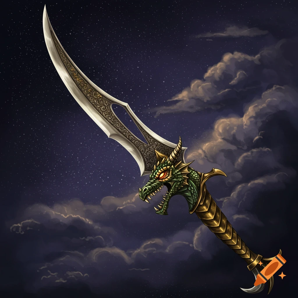 A detailed fantasy scimitar with a green dragon head hilt against a ...