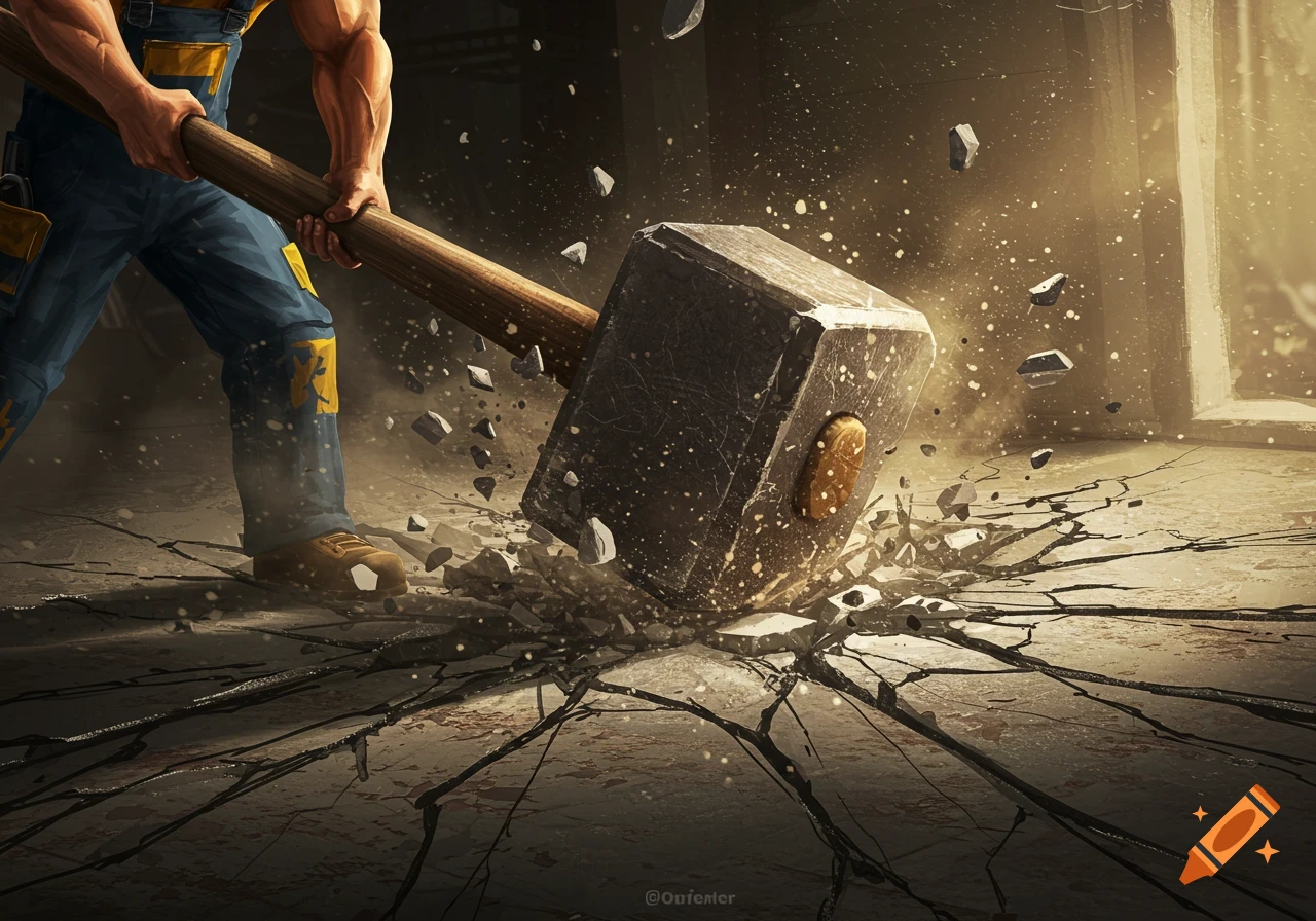Close-up of a person using a sledgehammer to smash a concrete floor, dramatic lighting. on Craiyon