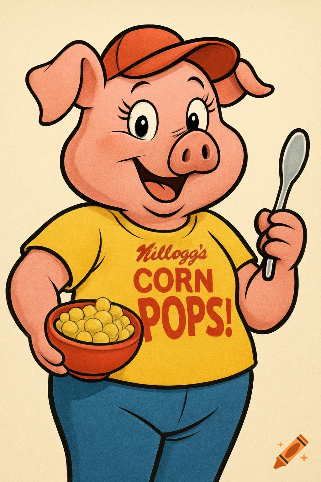 Cartoon pig mascot holding a bowl of cereal and spoon, wearing a ...