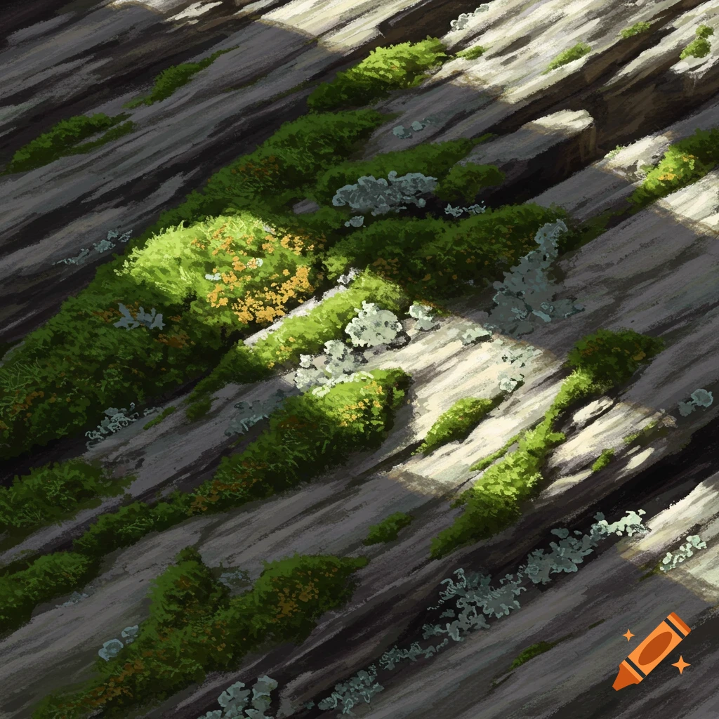 Close-up of moss and lichen growing on textured rock surfaces in sunlight. on Craiyon