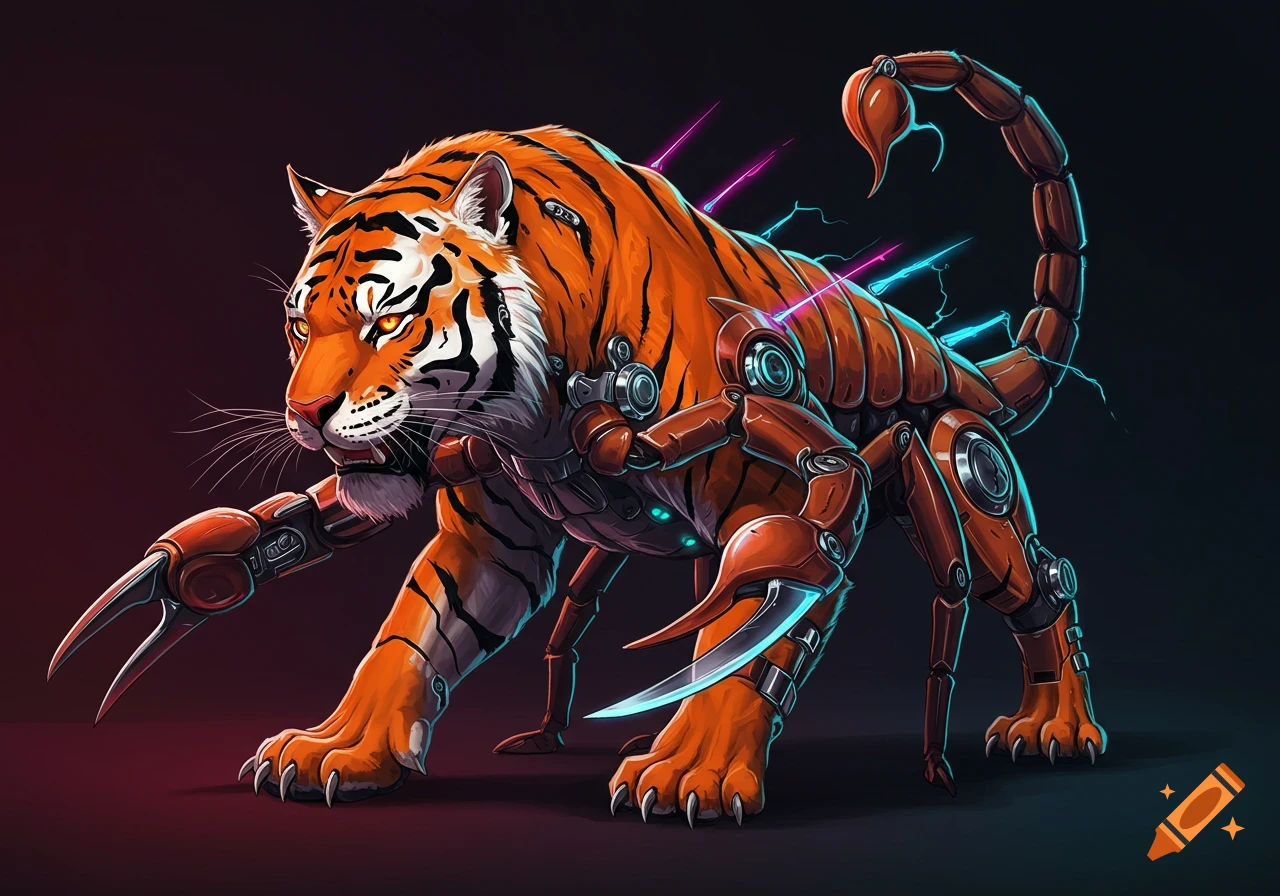 A biomechanical tiger with scorpion legs, claws, and tail in an ...