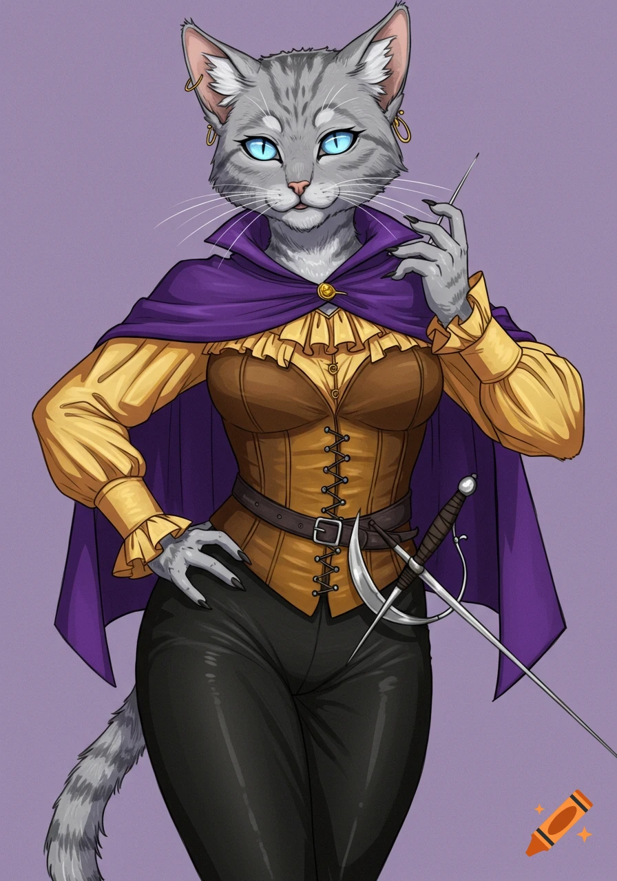 A cat person character in fantasy attire holding a rapier. on Craiyon