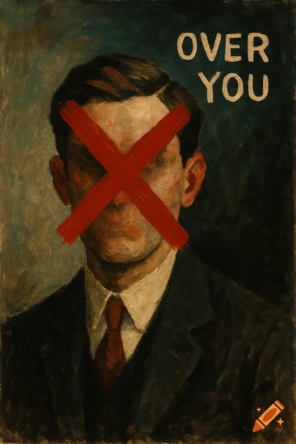 Painting of a man in a suit with a red X over his face and the words ...