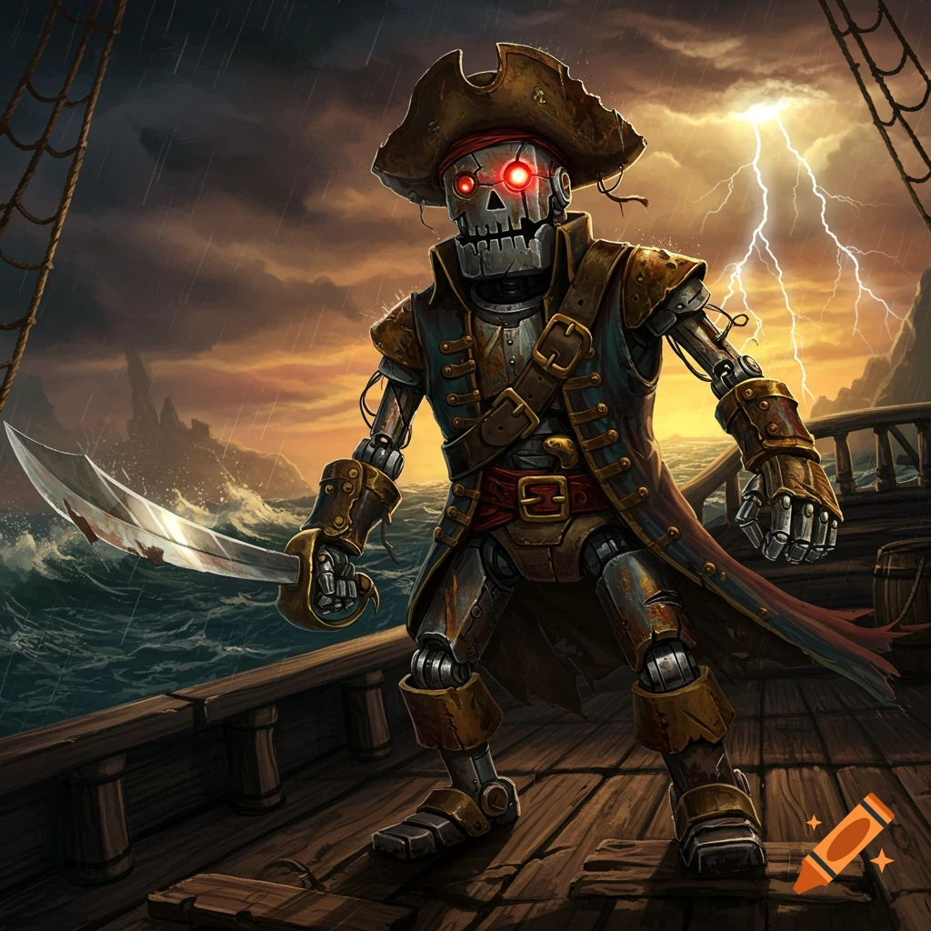 A detailed illustration of a robot pirate standing on a ship's deck ...