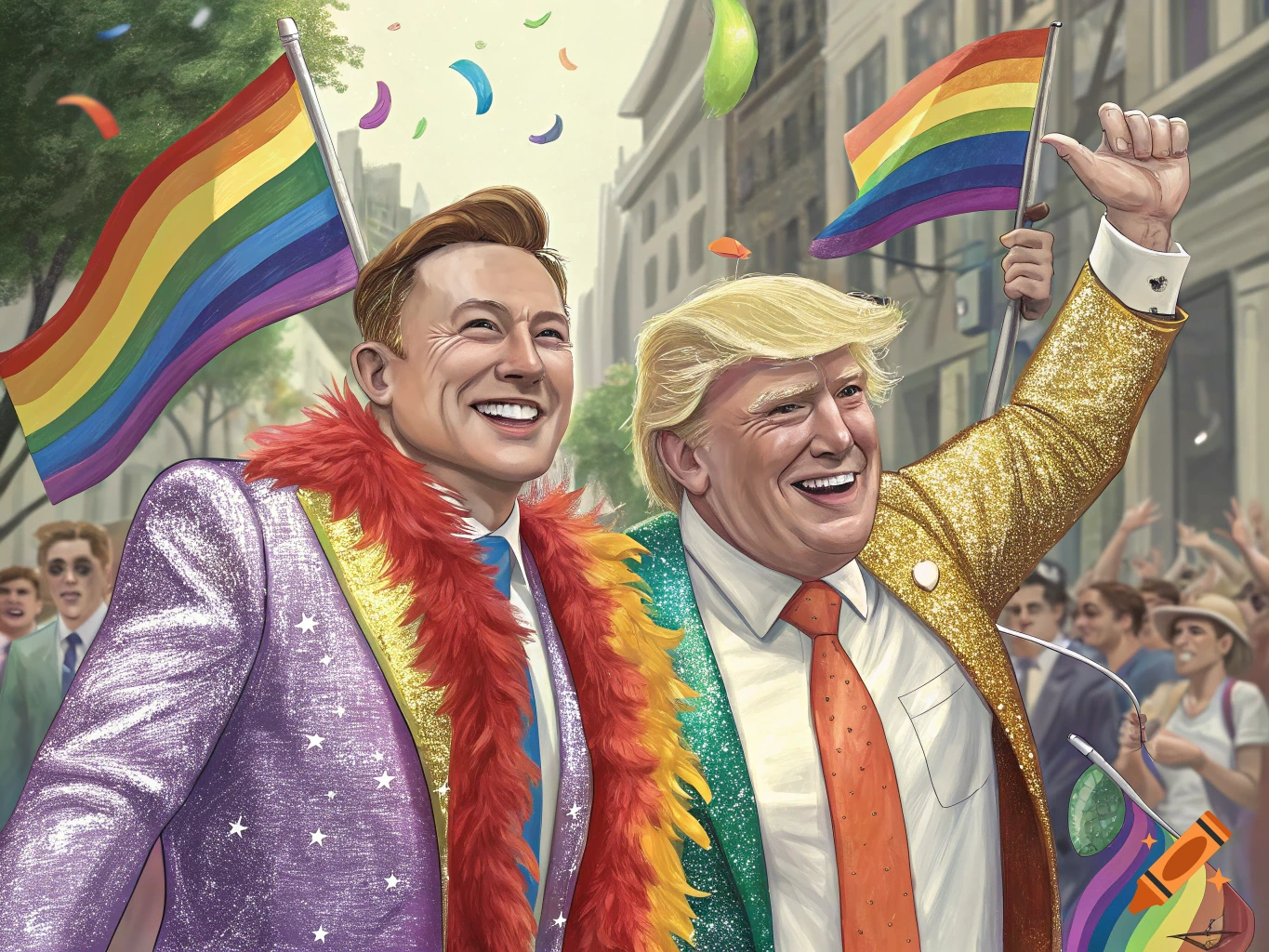 Illustration of Elon Musk and Donald Trump smiling and waving rainbow ...