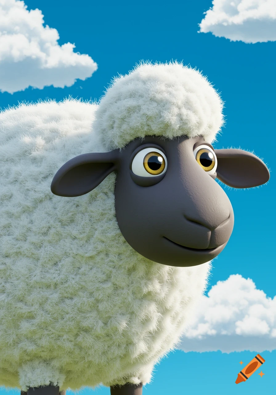 A close-up of a cartoon sheep with large eyes and fluffy white wool ...