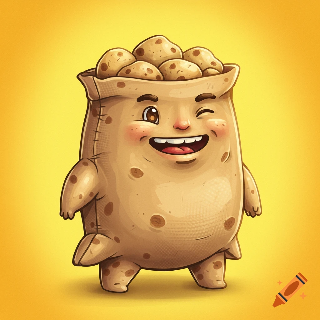 A cartoon character of a sack of potatoes with a face, arms, and legs ...