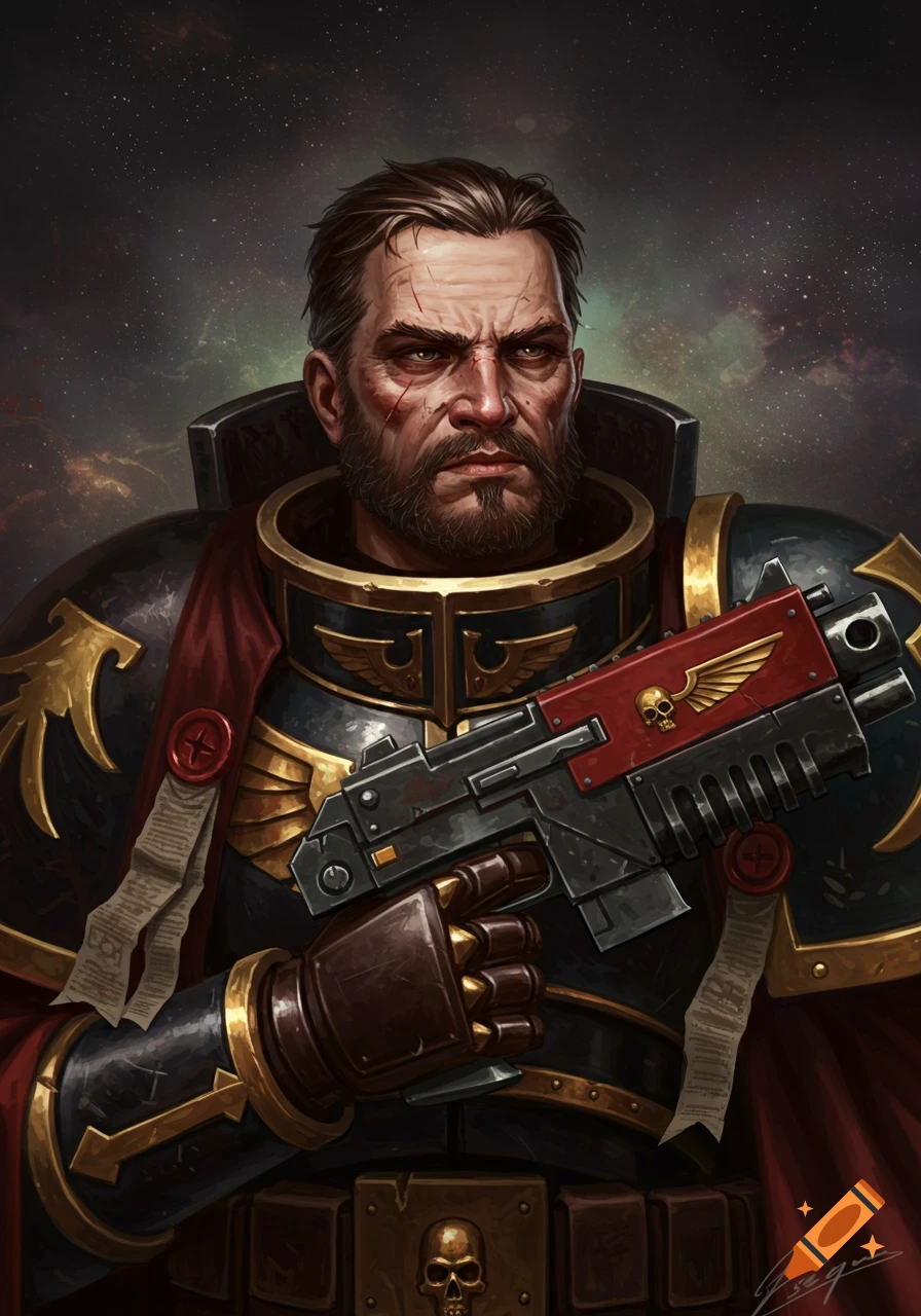 Digital painting of a rugged space warrior with scars, holding a gun ...