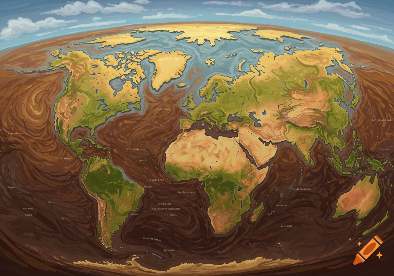 Stylized map of the Earth showing continents and swirling oceans on Craiyon