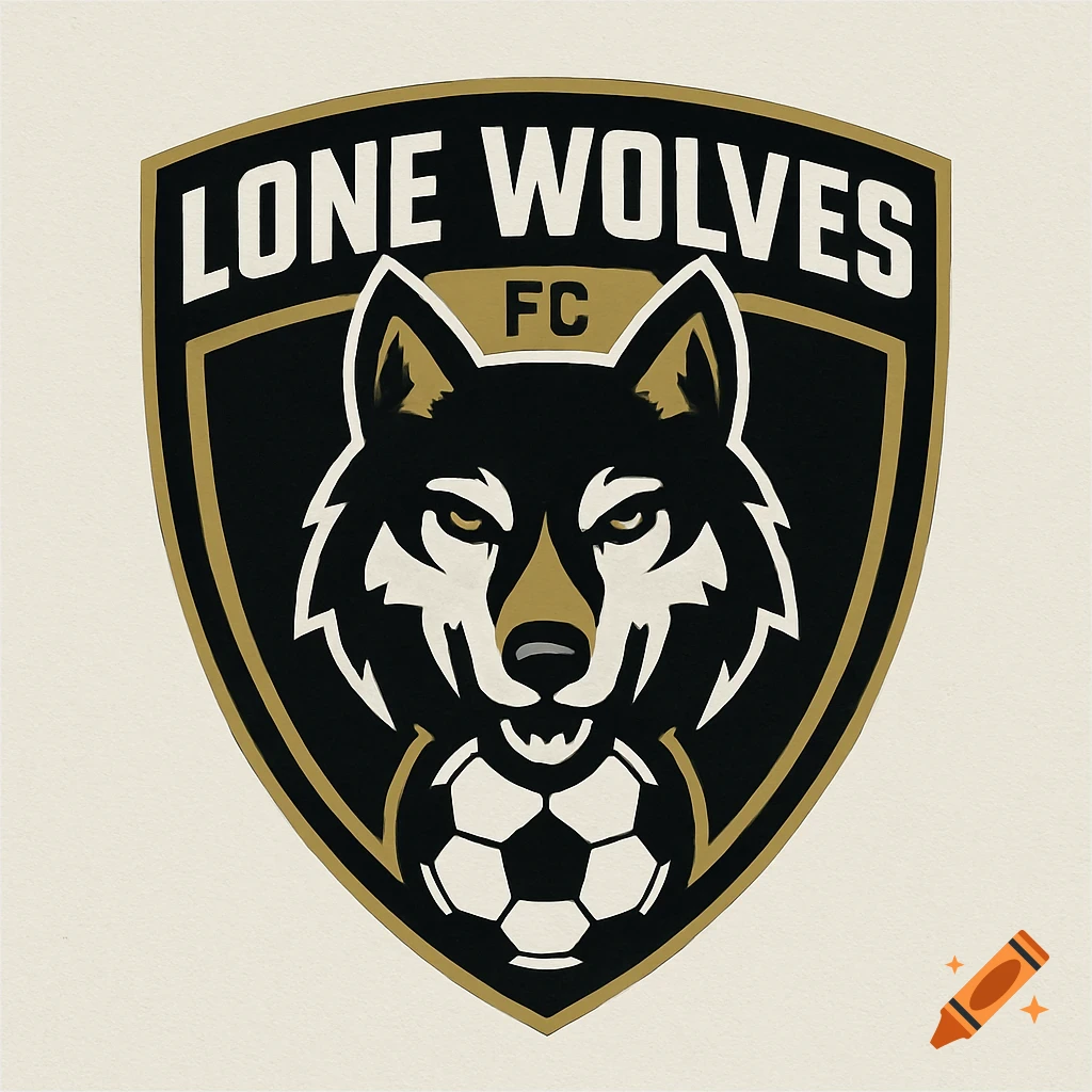A black and gold shield logo with a stylized wolf head holding a soccer ...