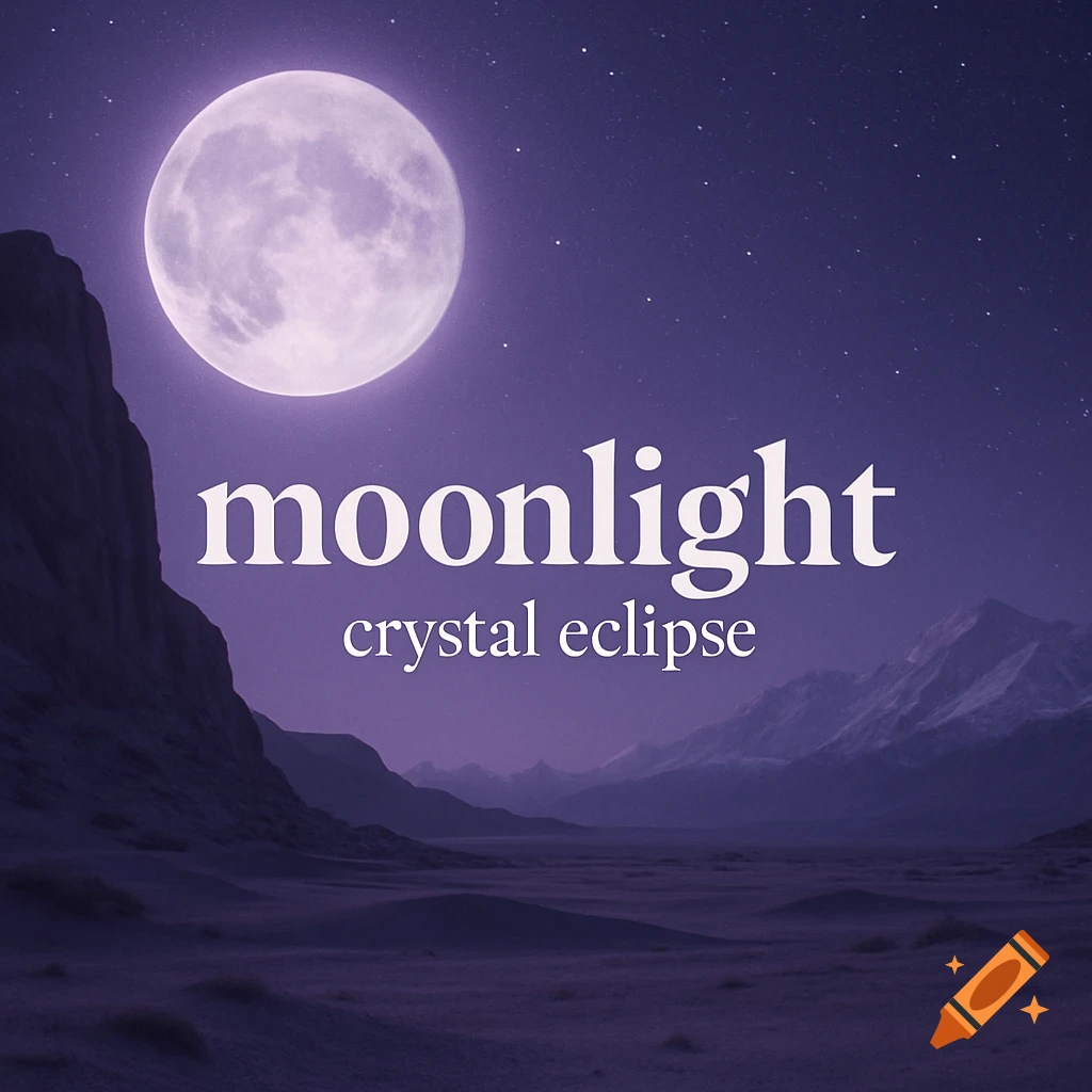 A large full moon hangs over a purple desert landscape with mountains under a starry sky, with ...