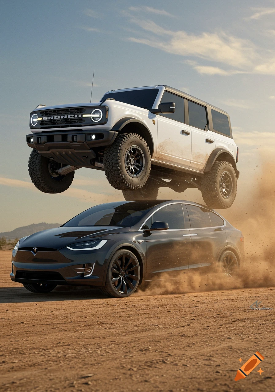 A white Ford Bronco jumps over a black Tesla in a dusty desert ...