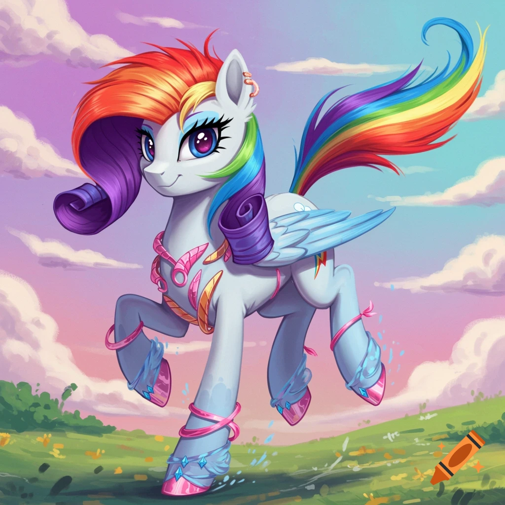 A My Little Pony fusion character with rainbow mane and tail, white ...