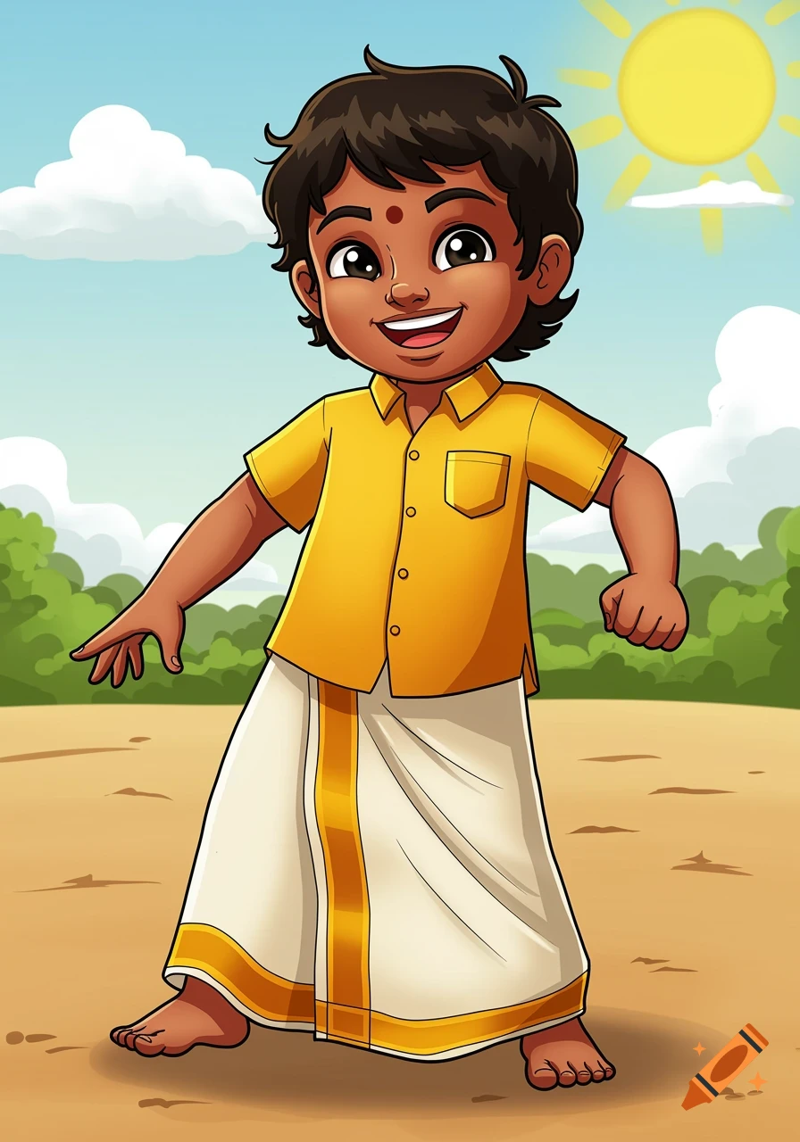 Cartoon of a boy wearing traditional Tamil Nadu Pattu Veshti and shirt ...