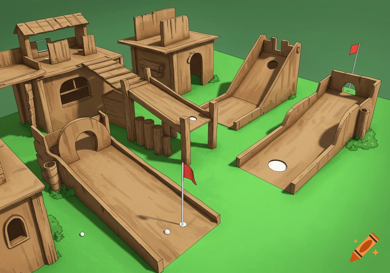 An illustration of a mini golf course made of cardboard pieces on a ...