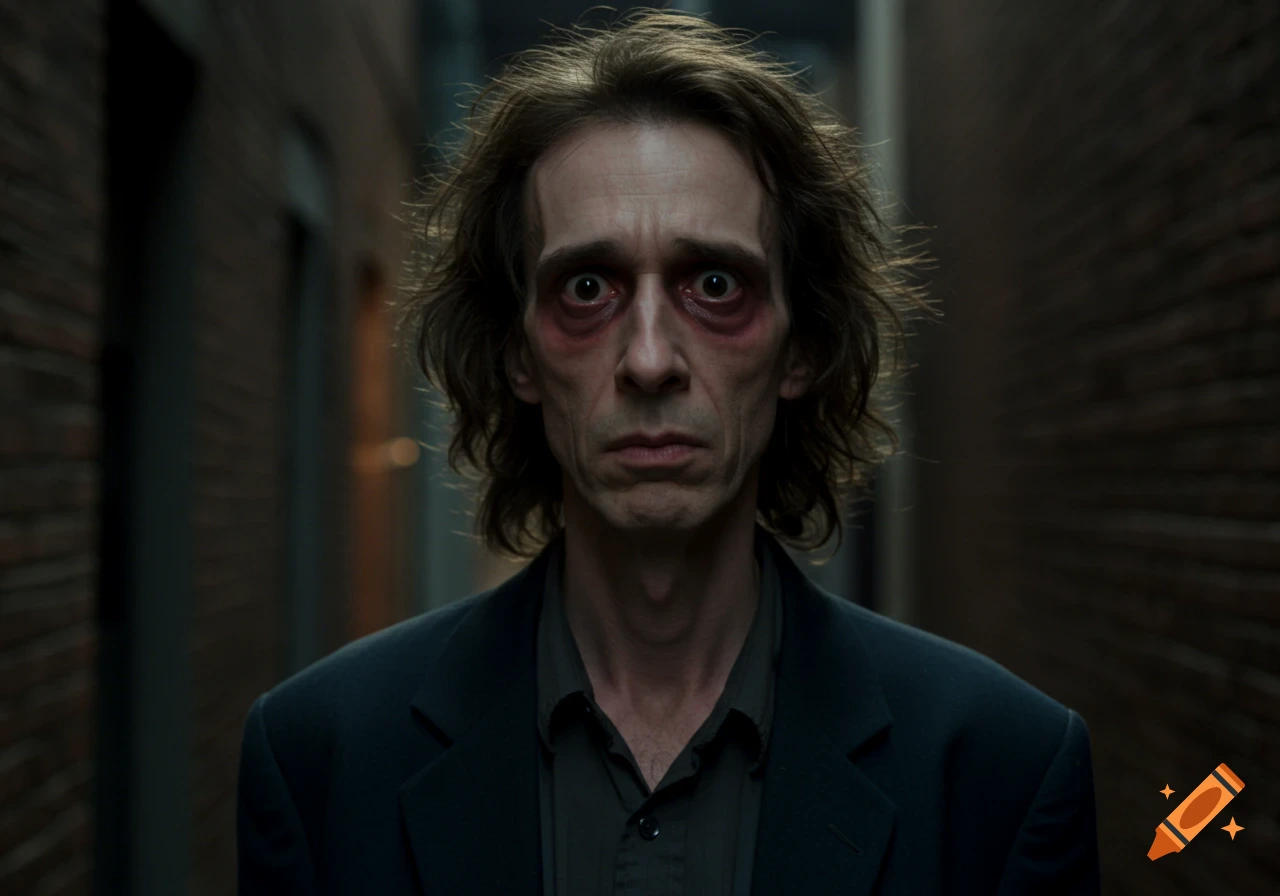 Photorealistic portrait of a gaunt man with sunken red eyes in a dark ...