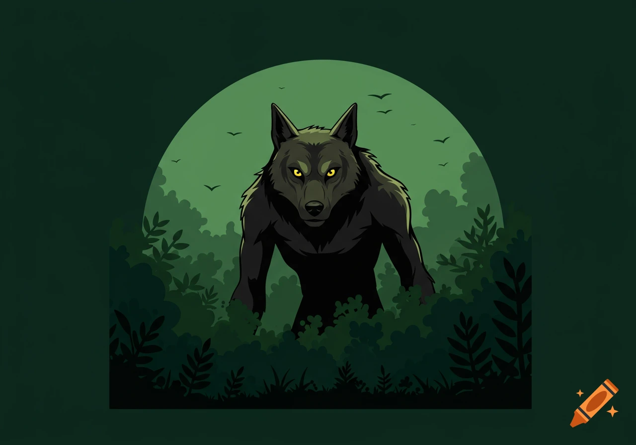 Stylized illustration of a dogman or werewolf emerging from bushes in a ...