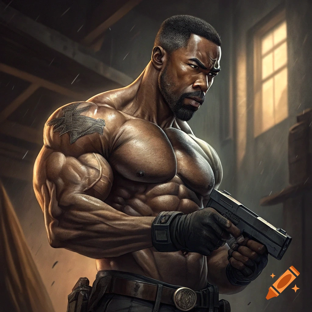 Muscular man holding a gun in a dramatic indoor setting. on Craiyon