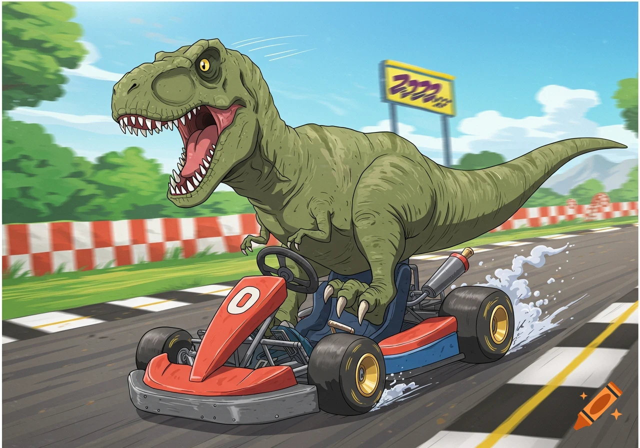 A T-Rex drives a red go-kart on a race track in anime style on Craiyon
