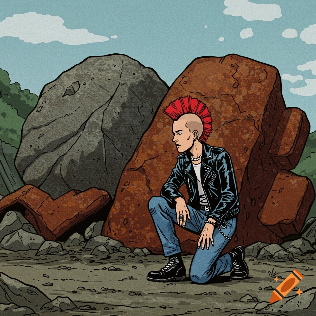 Cartoon of a punk rocker with a red mohawk kneeling among rocks and ...