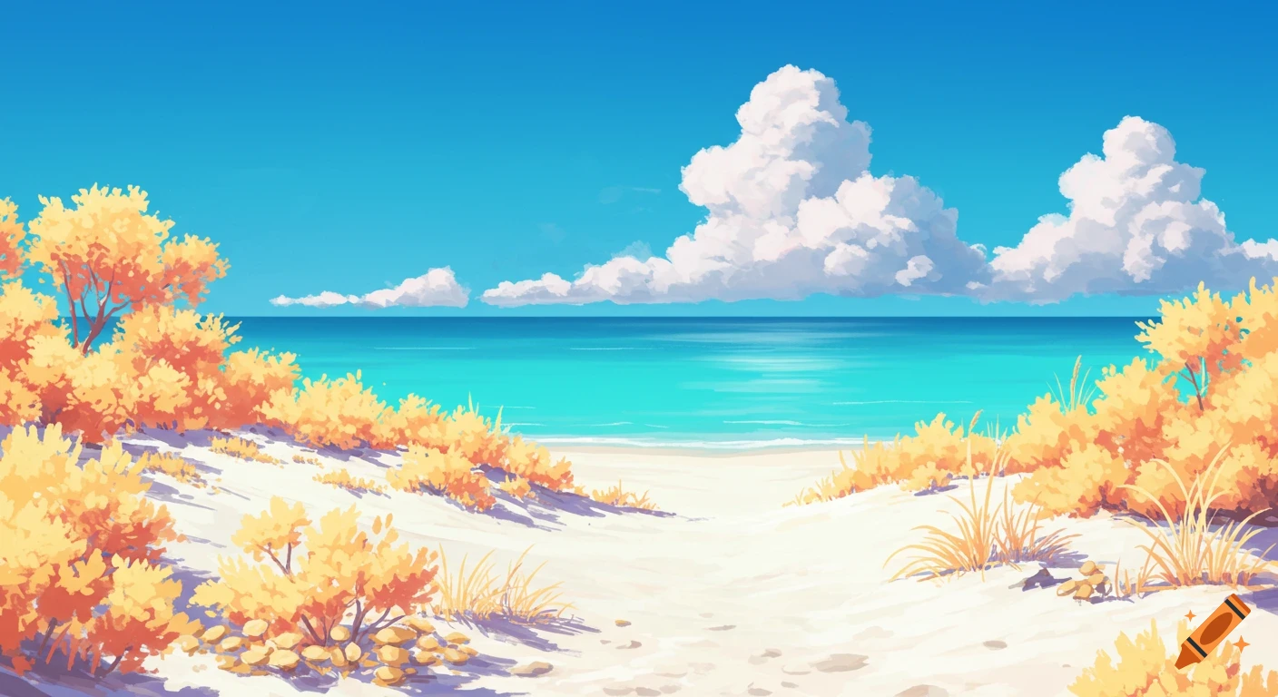 Stylized beach landscape with white sand, turquoise ocean, and yellow ...