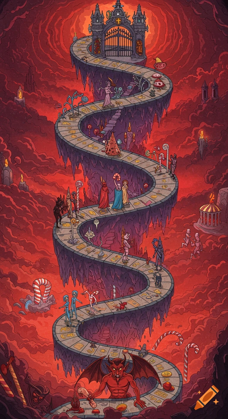 Cartoon illustration of a game board path winding through a hellish ...