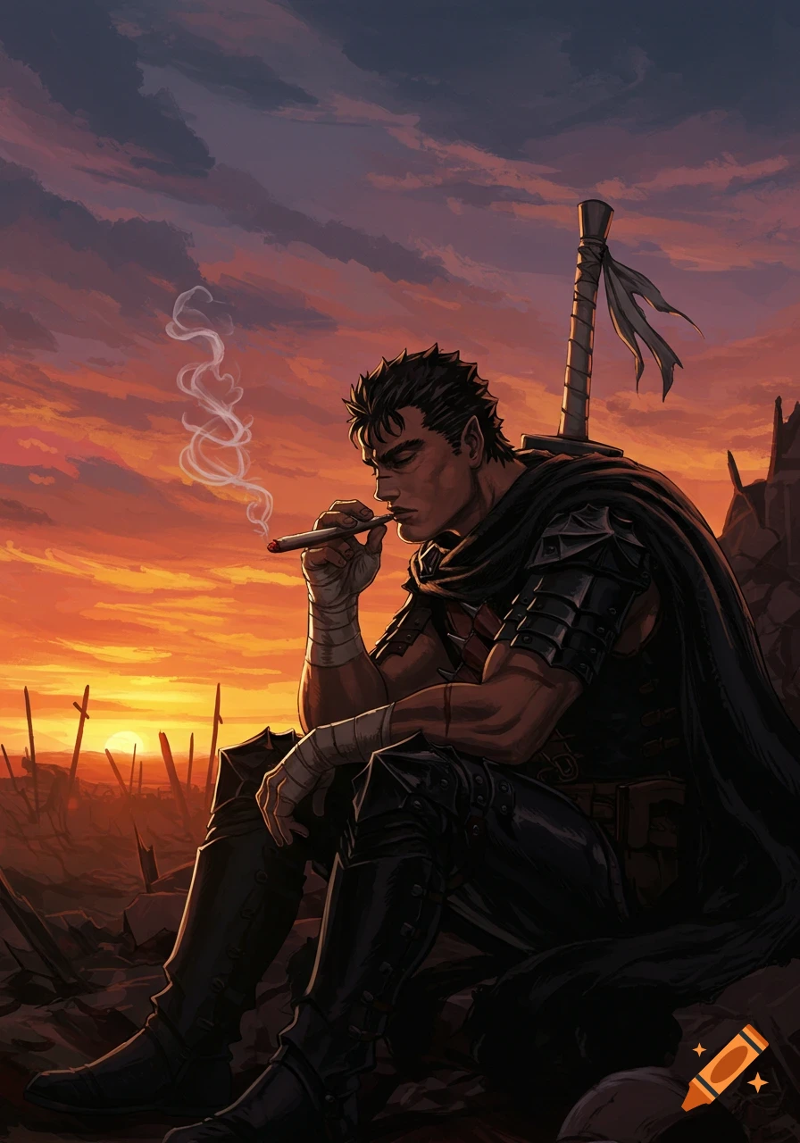 Illustration of Guts from Berserk sitting and smoking in a desolate ...