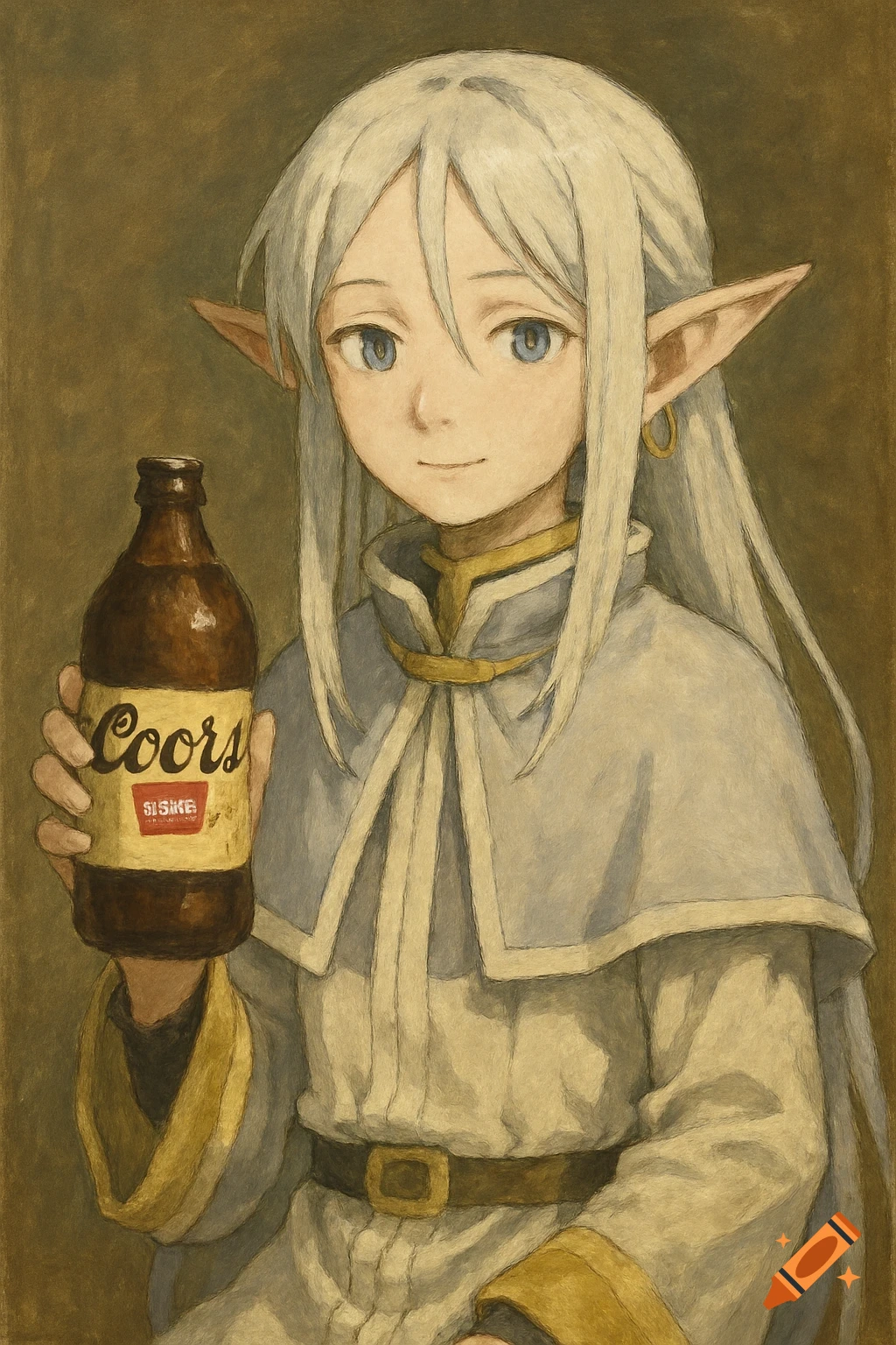 Anime fantasy character holding a beer bottle in a painterly style. on ...