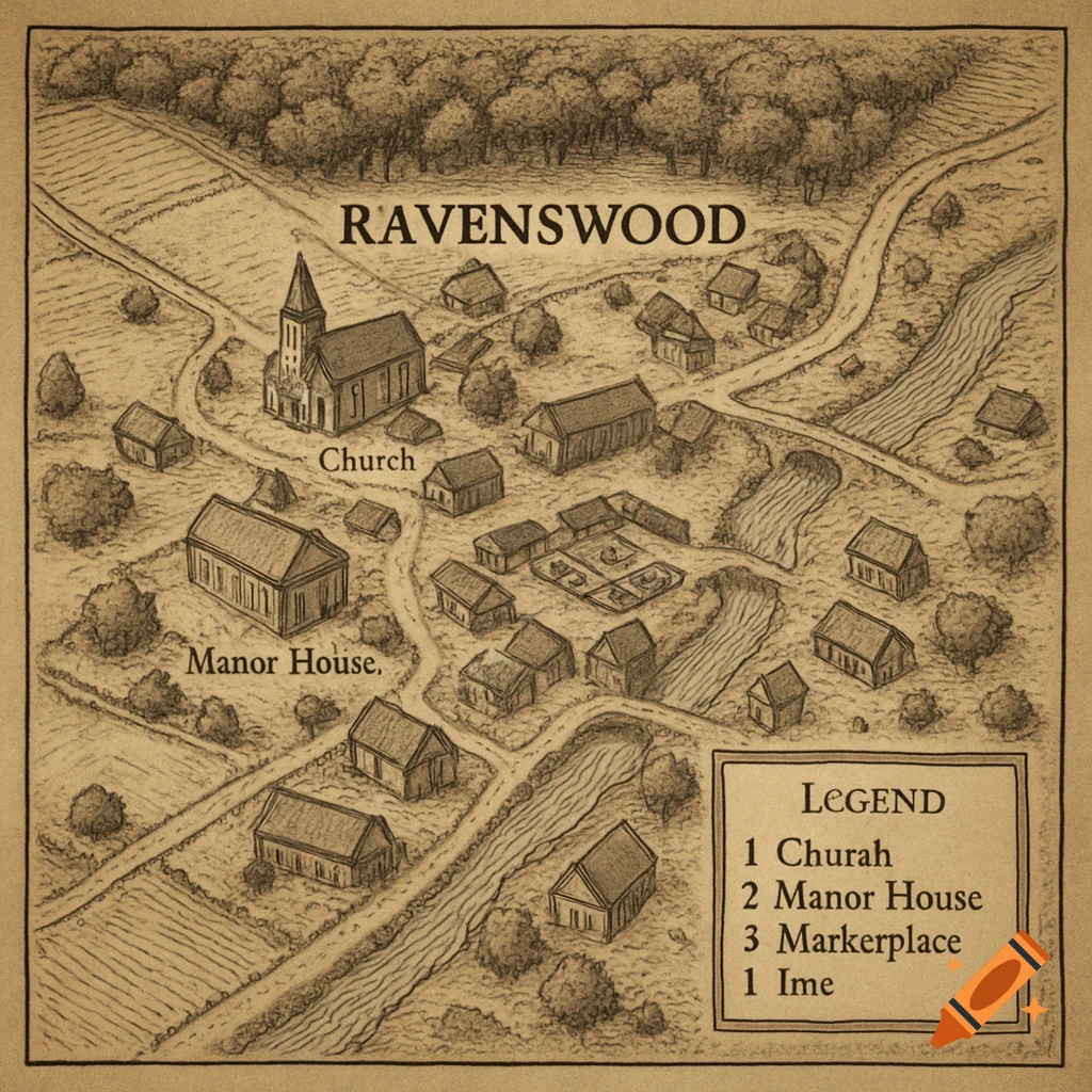 Detailed sketch map of the medieval village of Ravenswood with ...