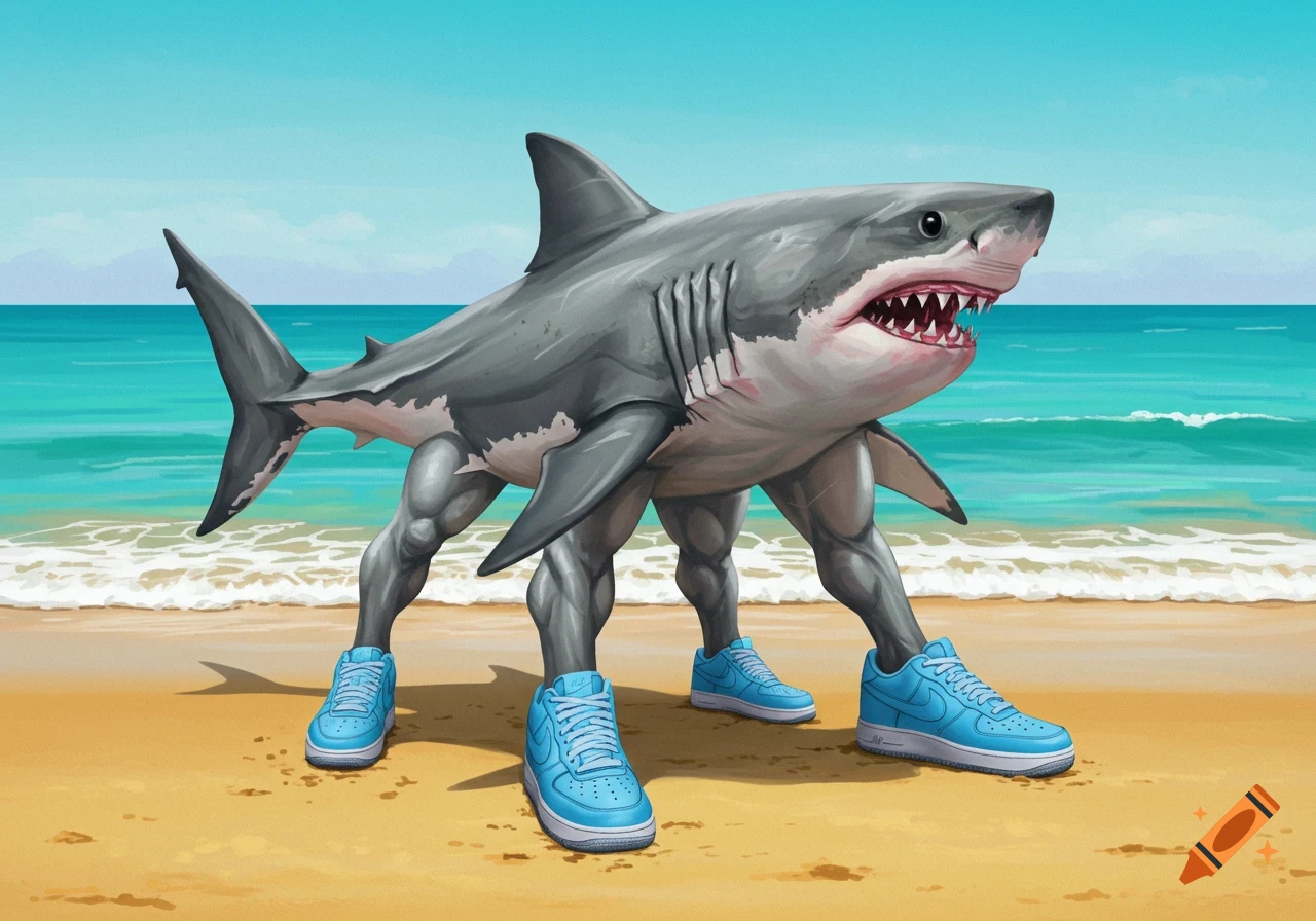 Illustration of a shark with muscular legs wearing blue sneakers standing on a beach. on Craiyon