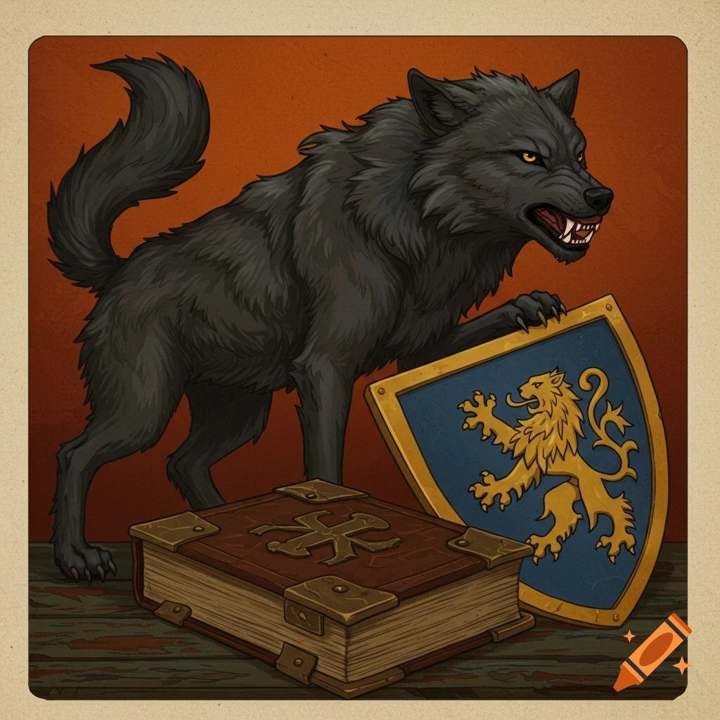Illustration of a black wolf guarding a shield with a gold lion and a ...