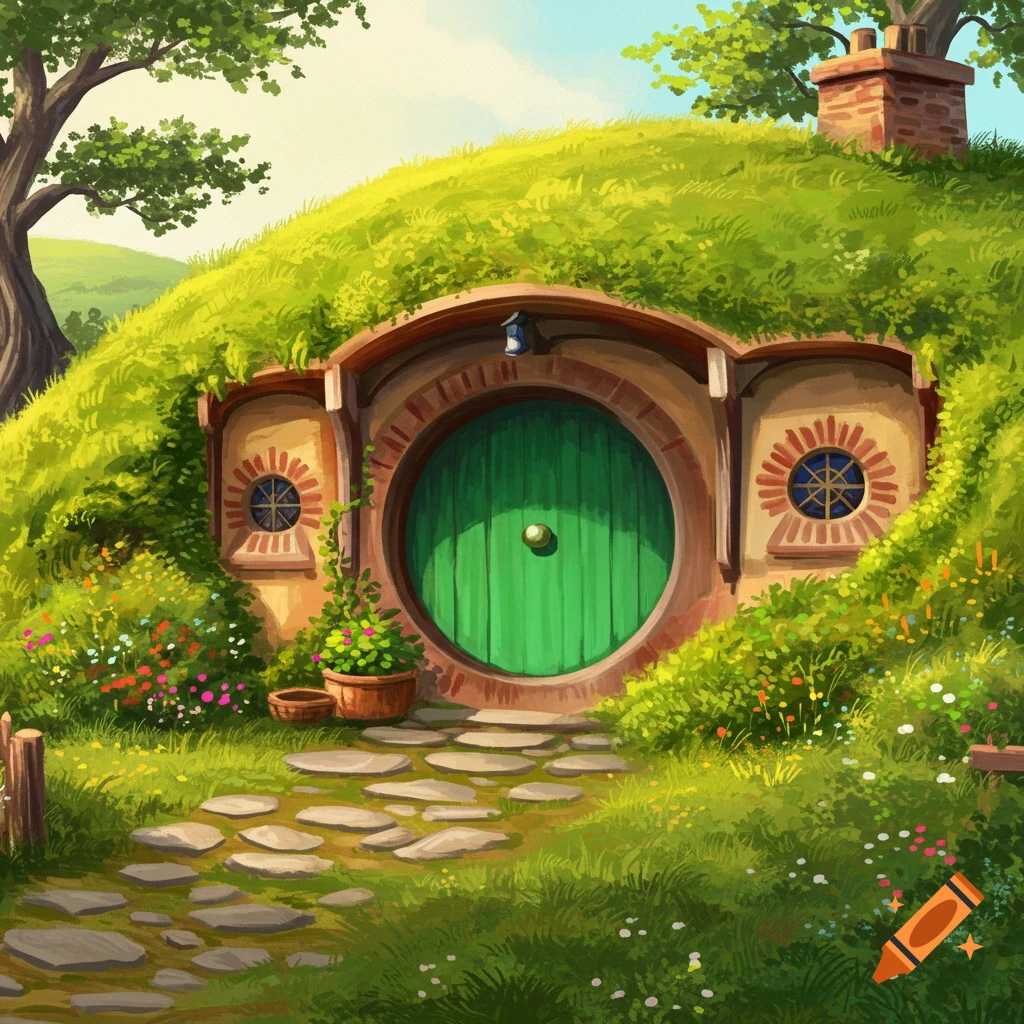 A fantasy illustration of a hobbit hole built into a grassy hillside ...