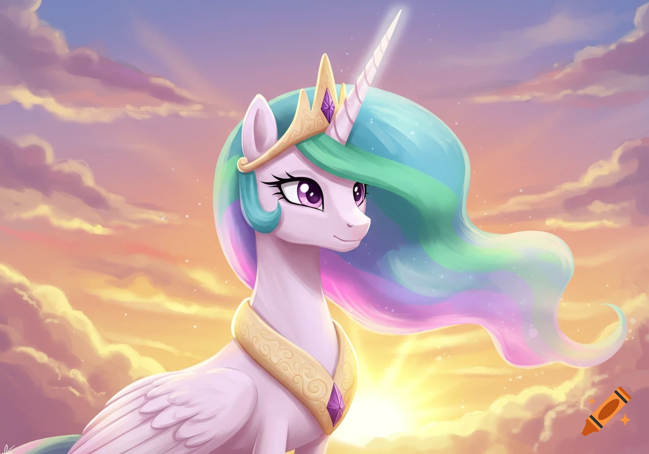 Princess Celestia from MLP in front of a sunset sky with clouds. on Craiyon