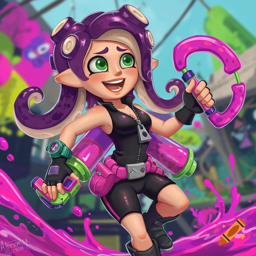 Cartoon illustration of Marina from Splatoon splashing pink ink and ...