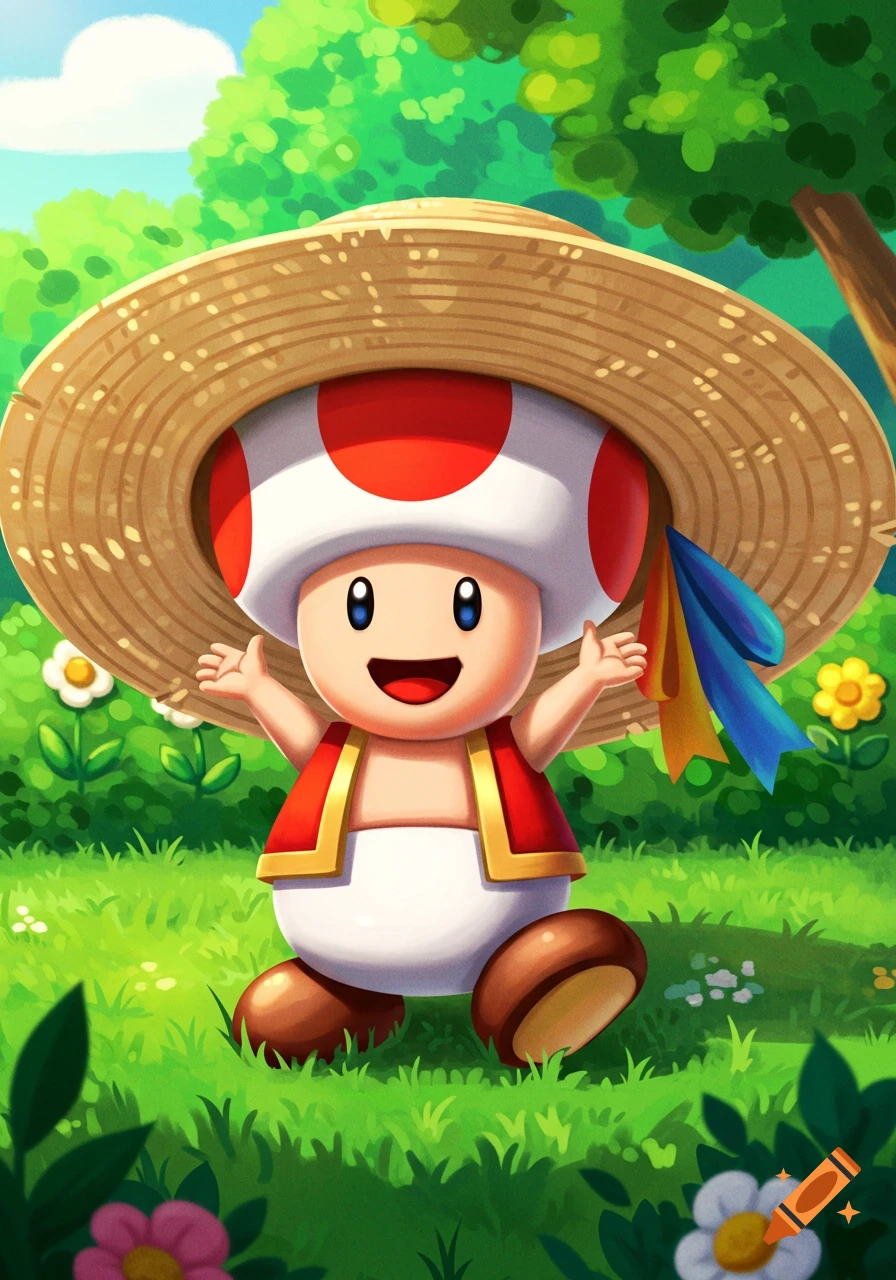 Cartoon character resembling Toad from Mario wears a straw hat in a ...