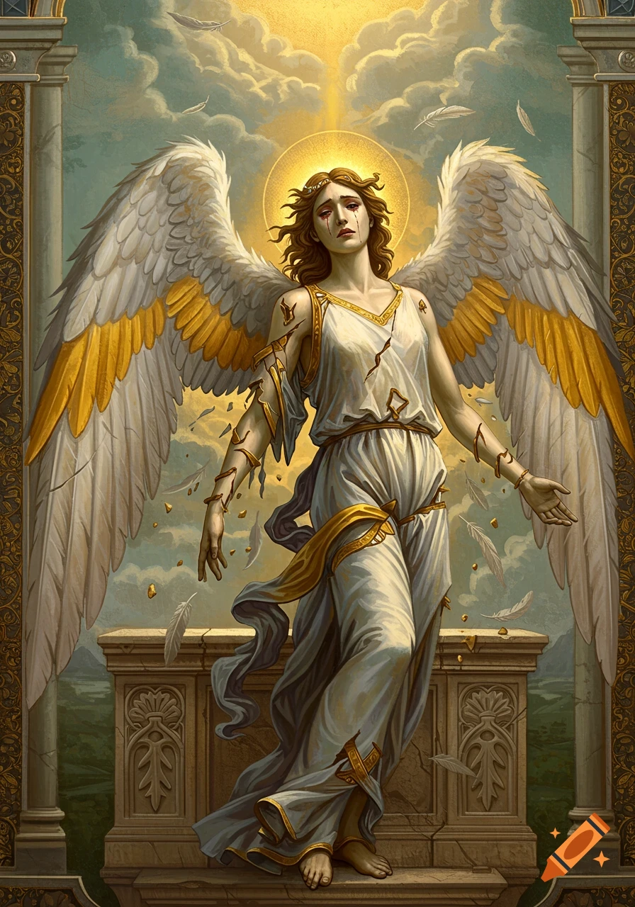 A distressed angel with large wings stands on a platform, broken and ...