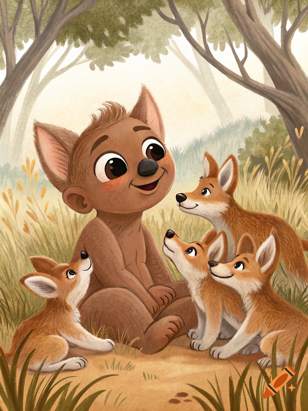 A cute anthropomorphic animal baby sits with dingo pups in a forest ...