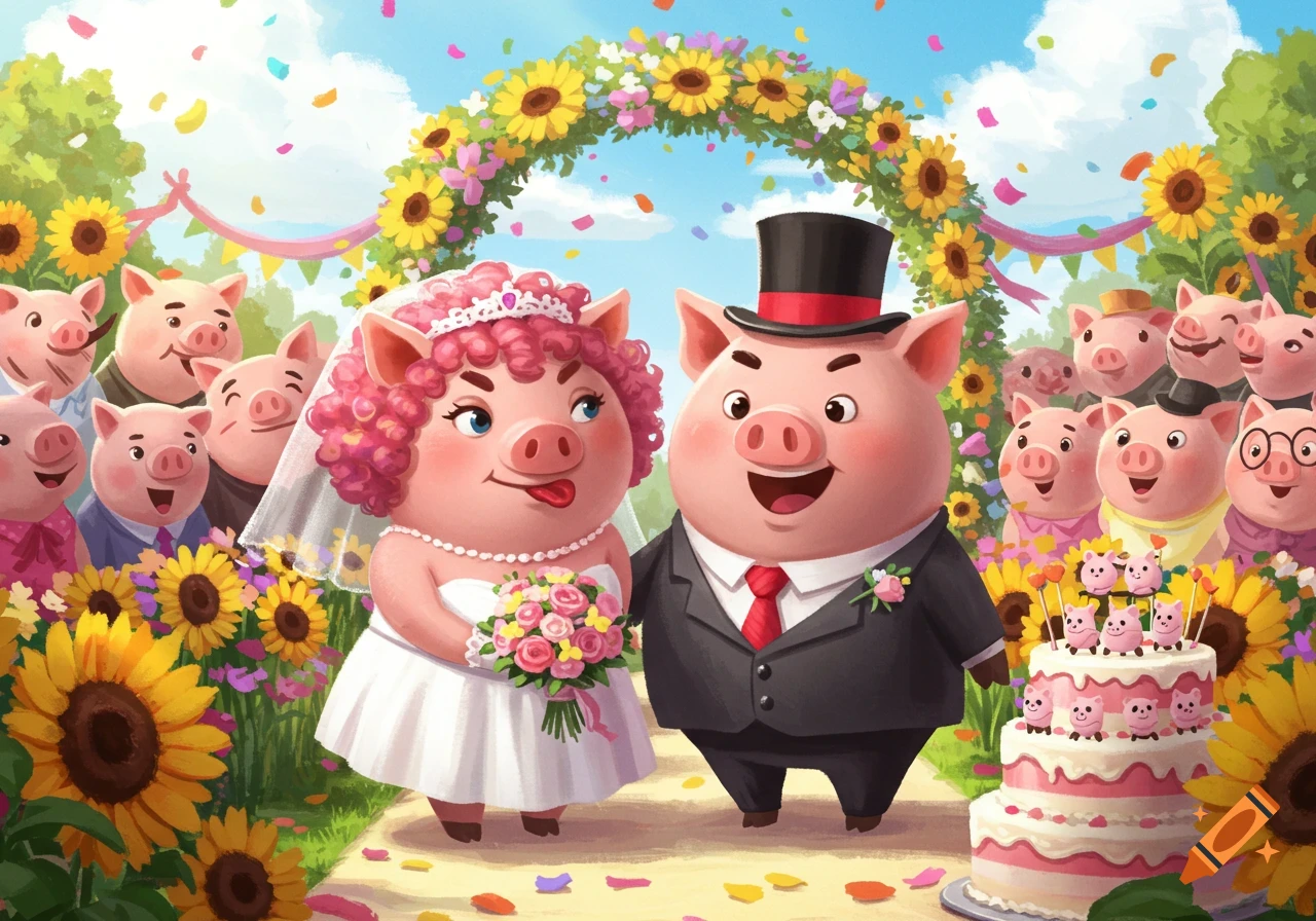 Cartoon pigs get married under a sunflower arch with guests and a ...