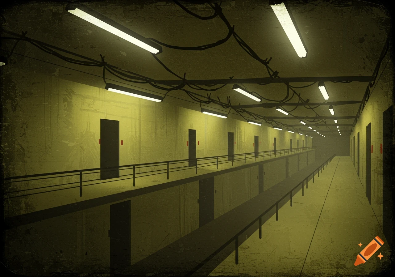 A long, eerie yellow corridor with many doors, fluorescent lights, and ...
