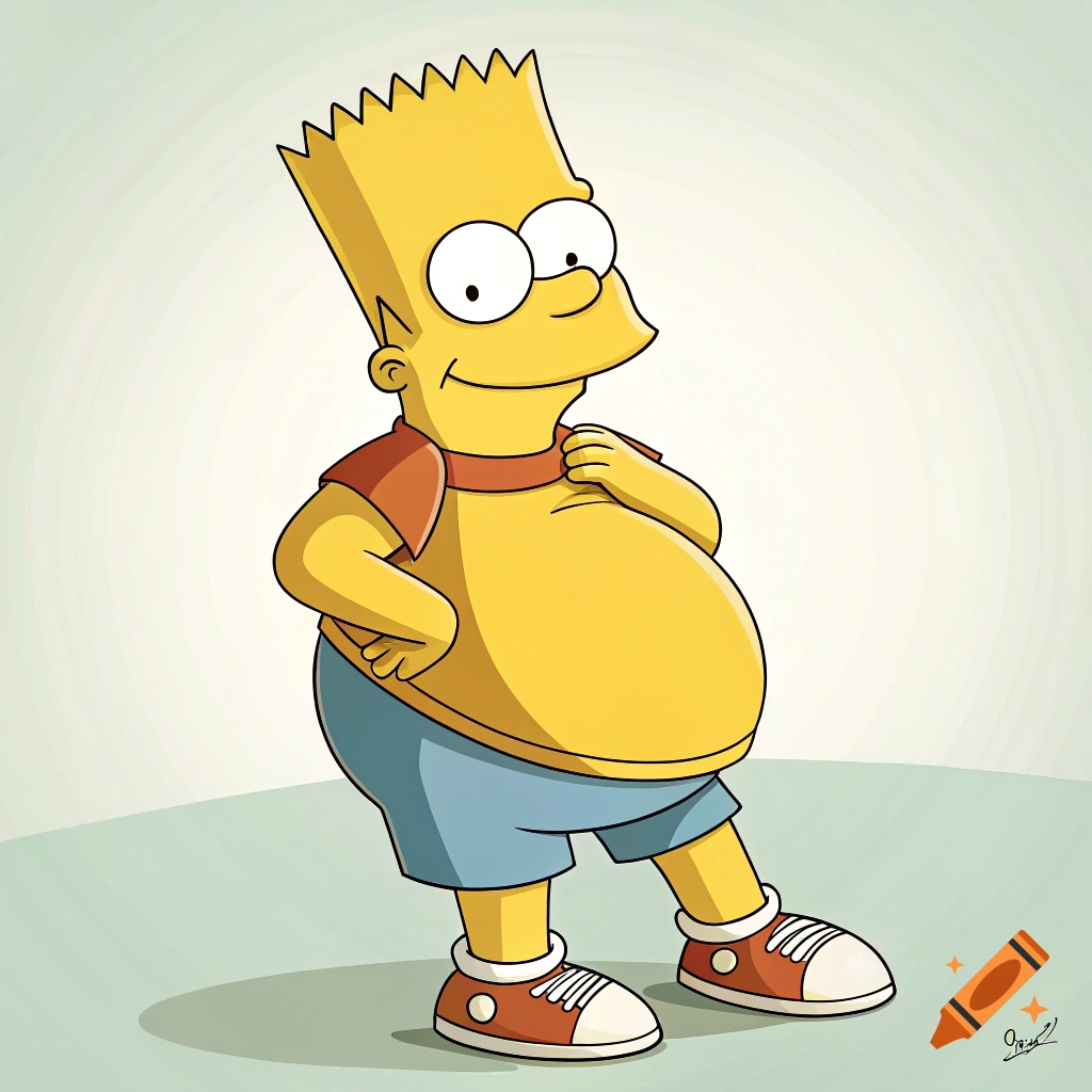 Cartoon drawing of Bart Simpson with a large belly, standing and ...