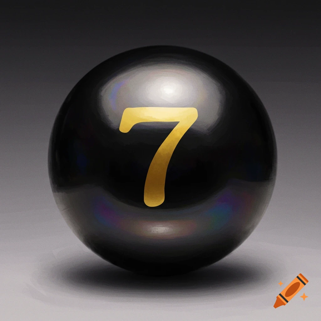 A shiny black sphere with a golden number 7 on it, like a magic eight ...