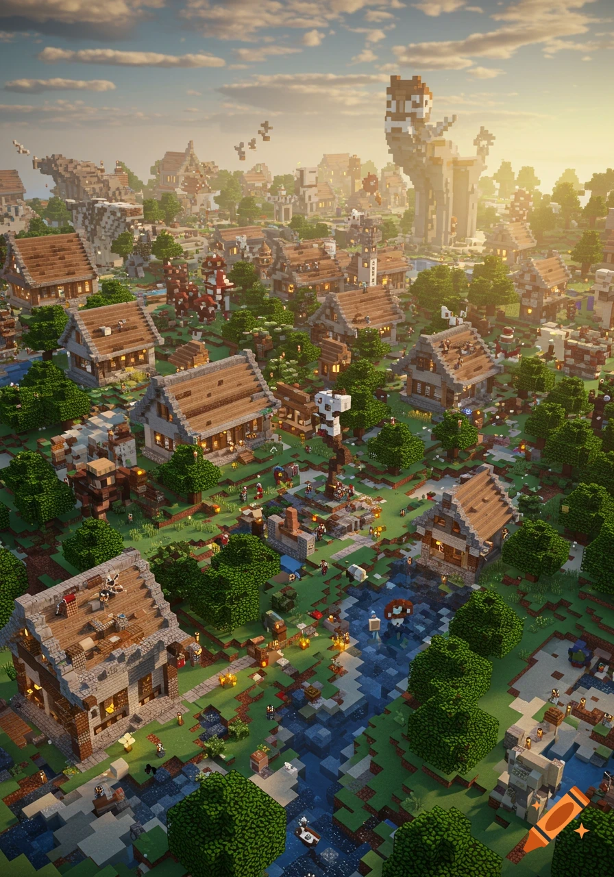High angle view of a detailed Minecraft village with houses, trees, river, characters, and a ...