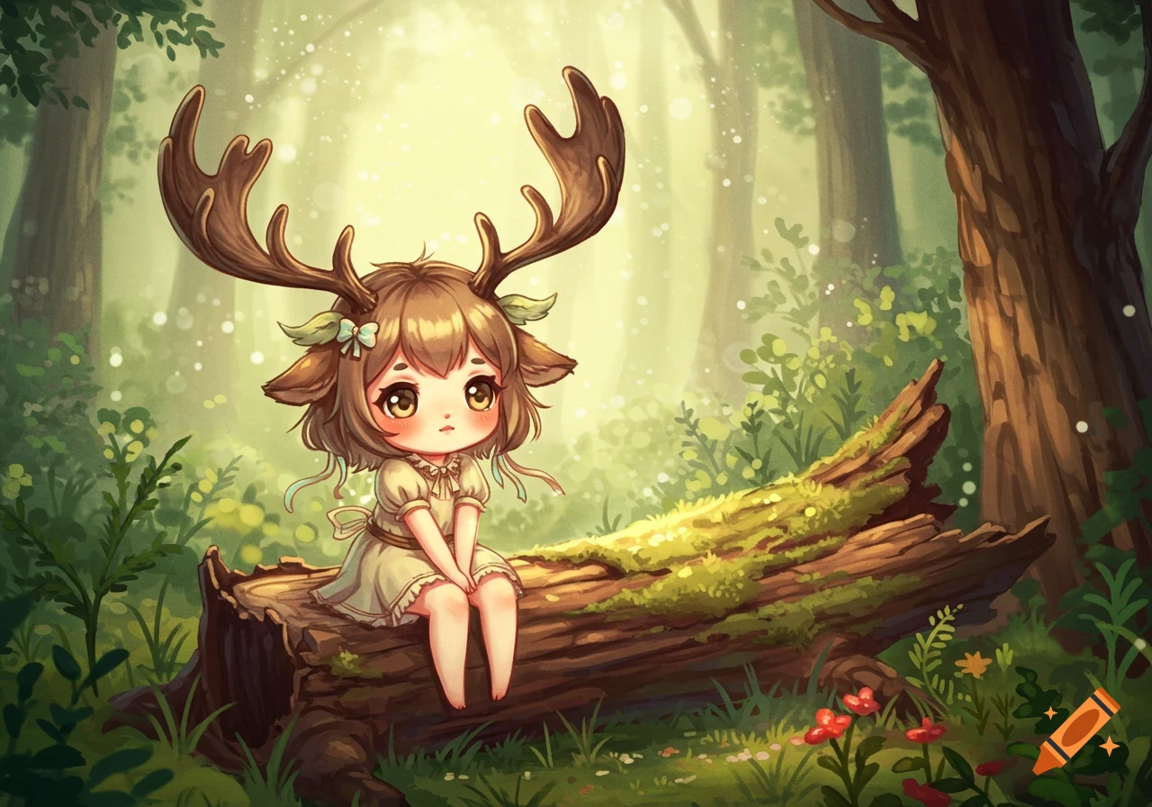 A cute anime girl with antlers sits on a mossy log in a forest. on Craiyon