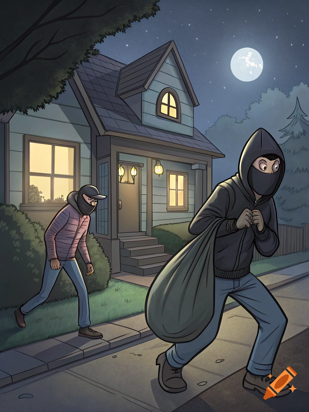 Cartoon of two masked figures outside a house at night, one carrying a ...
