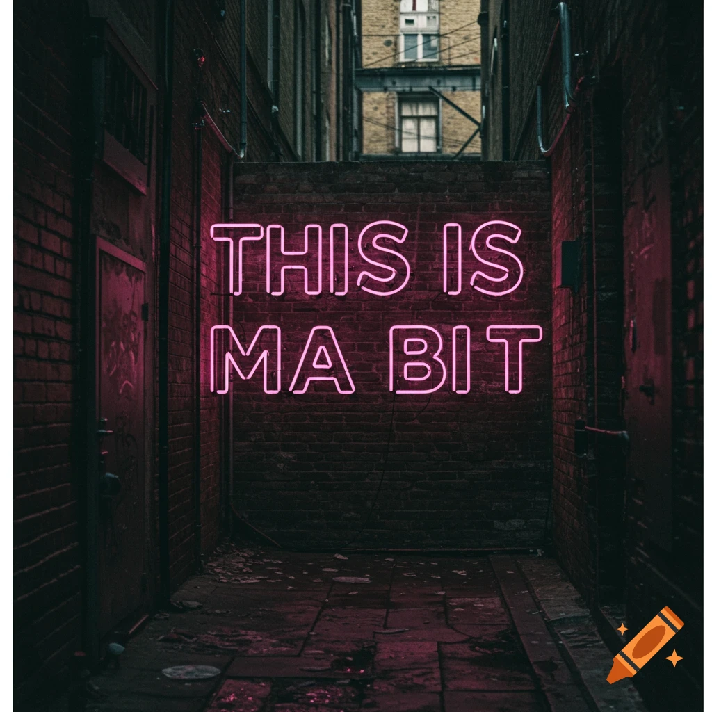 Pink neon sign reading THIS IS MA BIT on a brick wall in a dark alley ...